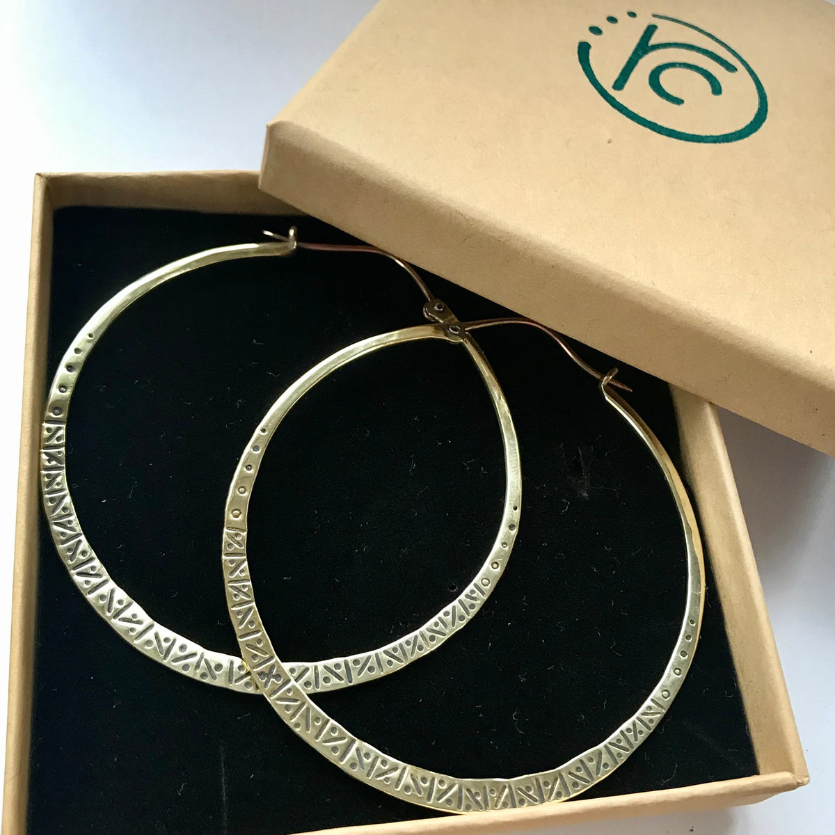Stamped big brass hoops – rosiecolvinjewellery